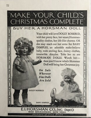 HORSMAN DOLLS 1928 MAGAZINE AD BABY DIMPLES DOLLY ROSEBUD 7" x 6 ...