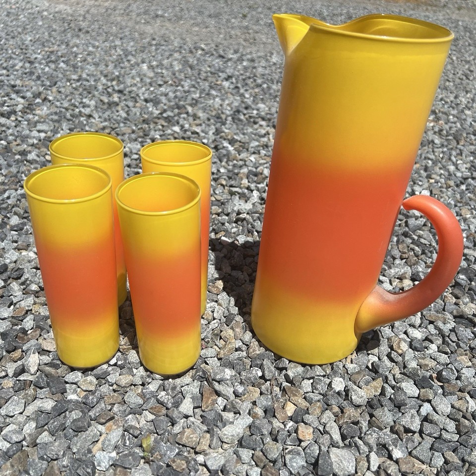 VTG MCM Blendo Candy Corn Halloween Pitcher & 5 Piece Glass Set. Orange ...