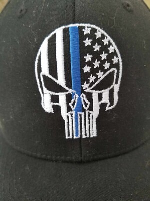 Blue Line Red Line Flag Punisher Skull Embroidered FLEXFIT HAT Police ...