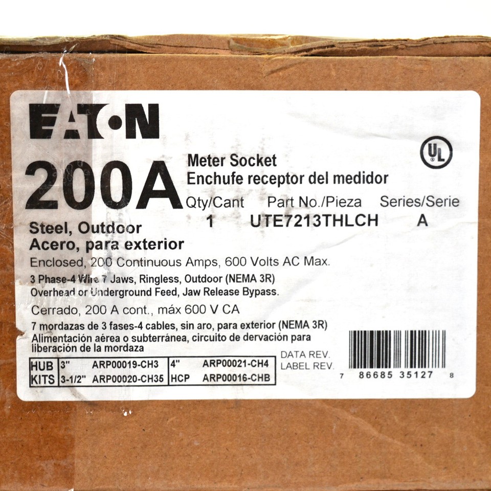 Eaton UT-E7213T-HL-CH Meter Base/Socket 3PH4W 600VAC 7-Jaw 200A w ...