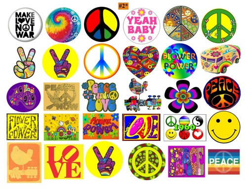 60's Hippie paper stickers, 30 stickers per sheet 1.5"x1.5" size around ...