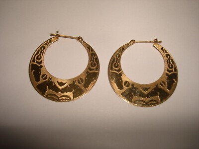Vintage Unique Designed Engraved 14k Solid Yellow Gold Huge Gypsy Hoop ...
