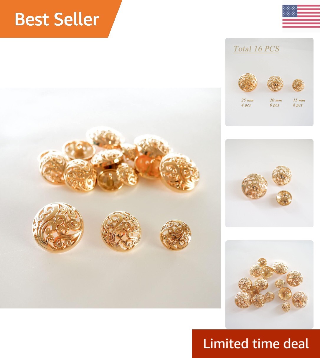 Gold Metal Sewing Buttons - 16 PCS, 3 Sizes (25mm, 20mm, 15mm) for ...