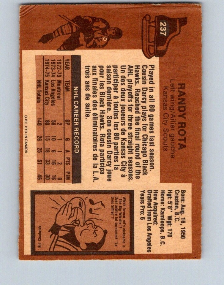 VINTAGE HOCKEY CARD 1975 O-PEE-CHEE KANSAS CITY SCOUTS RANDY ROTA NO843 ...