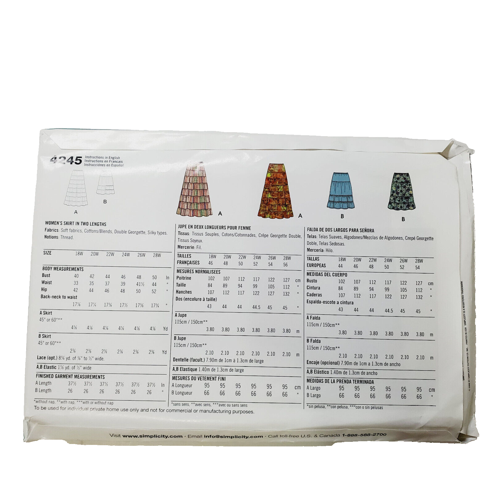 Simplicity 4245 Sewing Pattern Womens Sz 18W-28W Skirt in 2 Lengths ...