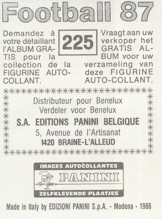 225 JOHAN SCHOOFS BELGIQUE SPORTING LOKEREN STICKER FOOTBALL 87 PANINI ...