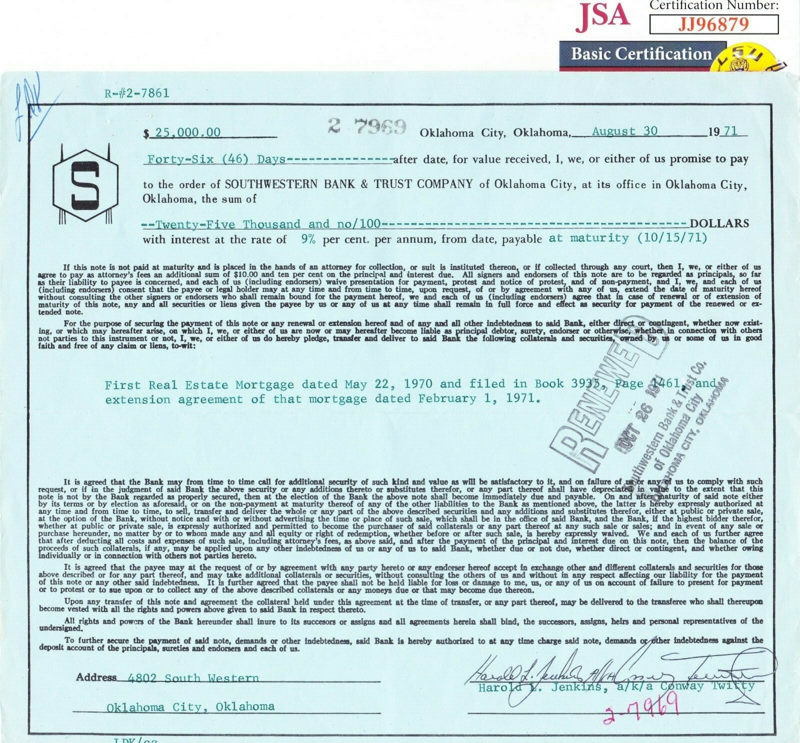 CONWAY TWITTY Signed Autograph Signed Contract Original name HAROLD ...