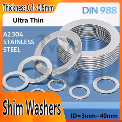 Shim Washers 0.1mm / 0.2mm / 0.3mm / 0.5mm Thick ID=3mm~40mm A2 ...