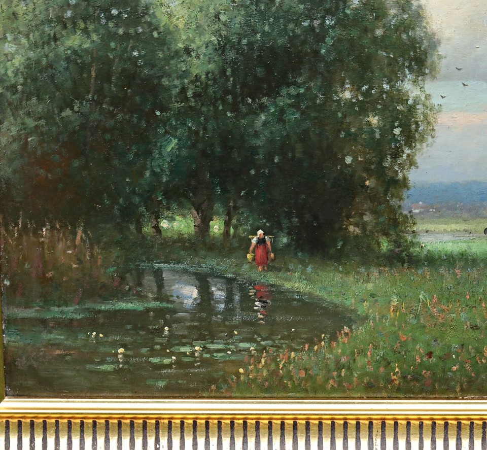 H.F. Koster - Landscape With Woman Near The Lake, Oil Painting With ...