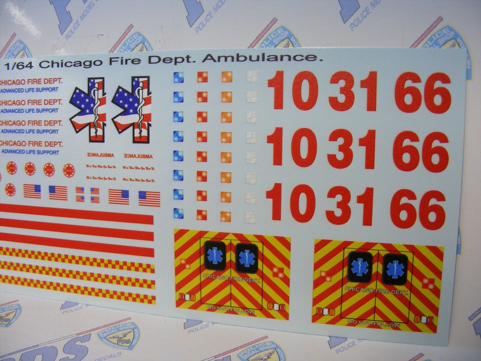 Chicago Fire Dept Ambulance 1/64 Water Slide Decals for GL & Hallmark ...