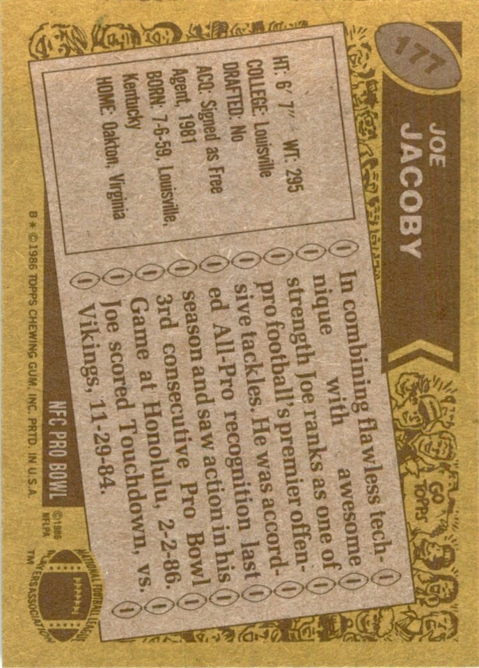 1986 TOPPS. JOE JACOBY. WASHINGTON REDSKINS #177 | eBay