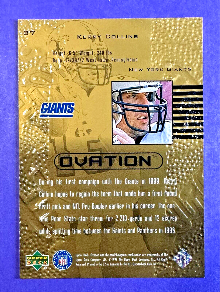 1999 Upper Deck Ovation Kerry Collins #37 New Orleans Saints (2x Pro ...