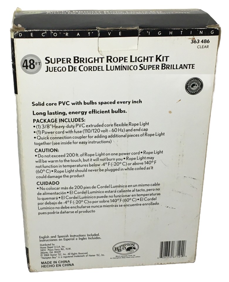 Hampton Bay 48 FT Super Bright Rope Light Kit 363486 CLEAR | eBay