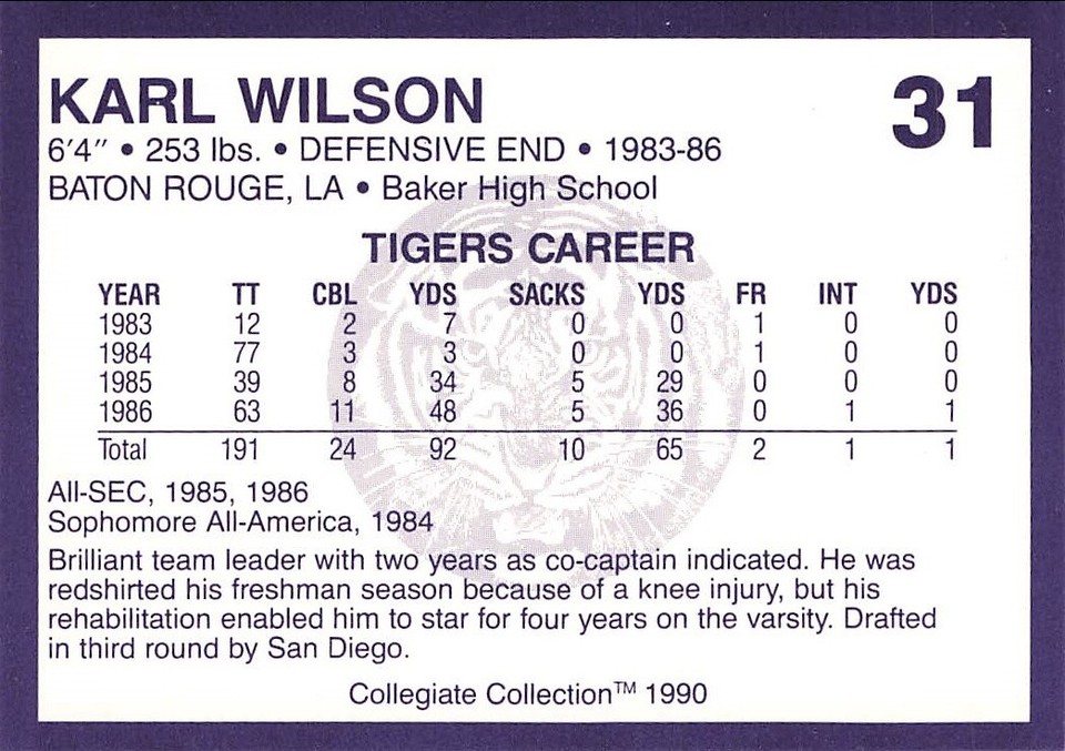 1990 Collegiate Collection LSU Tigers #31 Karl Wilson | eBay