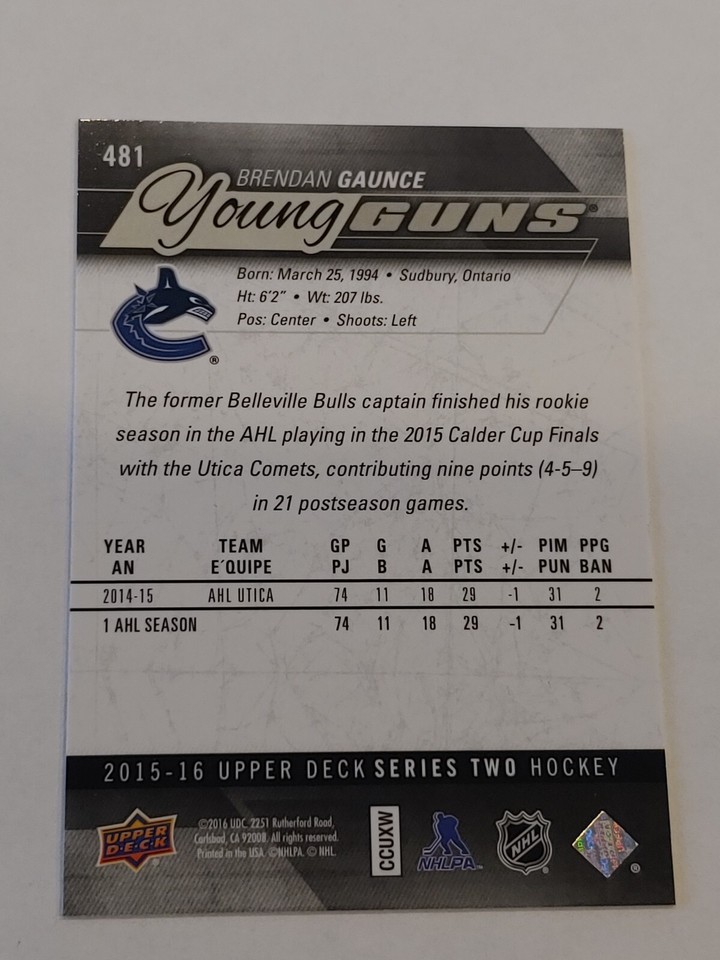 2015/16 Upper Deck Young Guns card# 481 of Brendan Gaunce | eBay