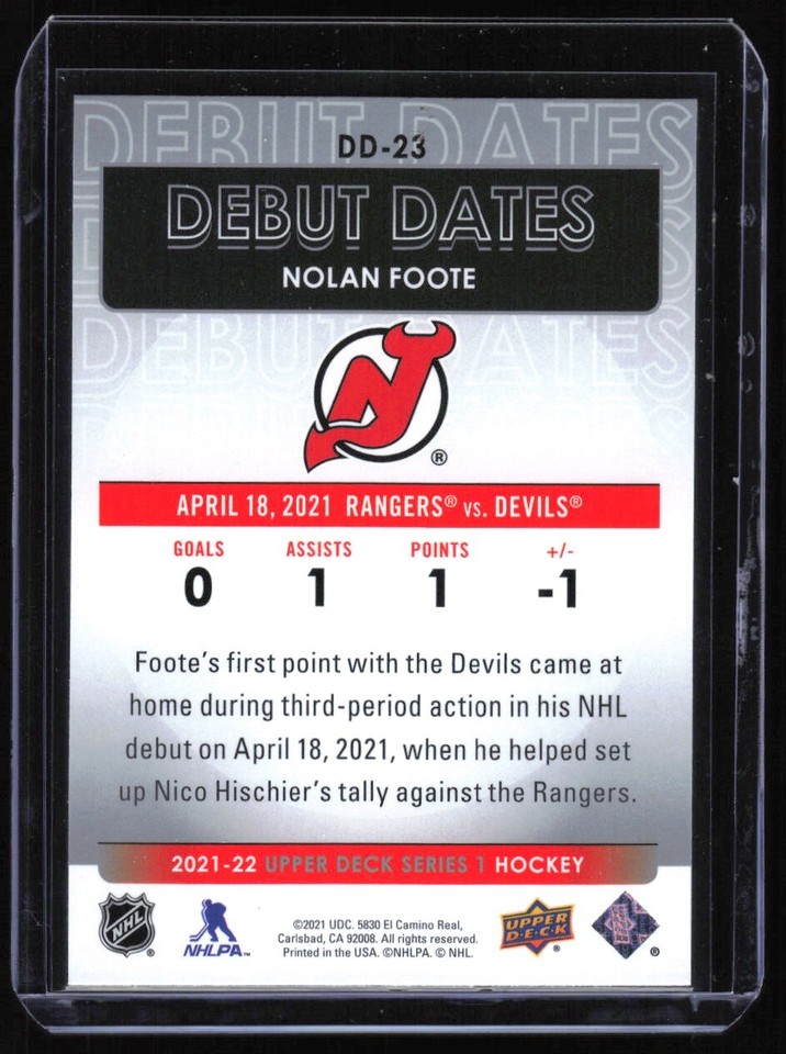 2021-22 Upper Deck Debut Dates Nolan Foote Rookie New Jersey Devils #DD ...