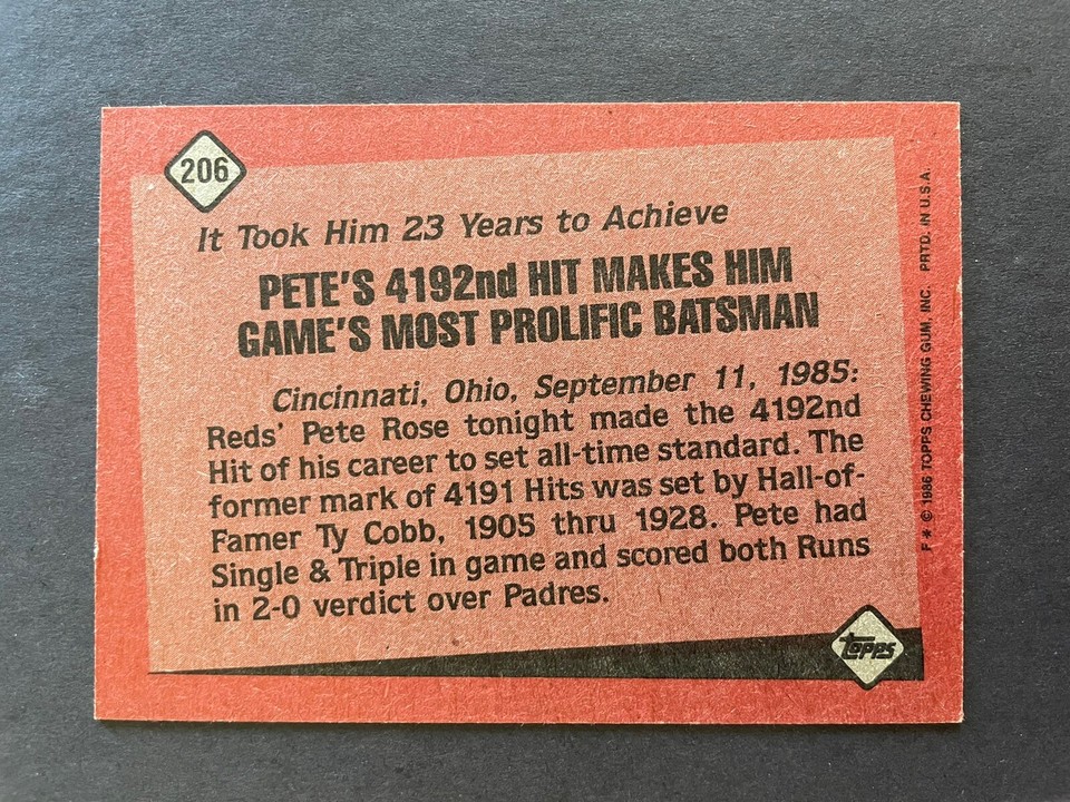 1986 Topps Pete Rose Record Breaker #206 Cincinnati Reds Baseball Card ...