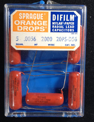 5 NOS Sprague Orange Drops .0056 µF 2000VDC Capacitors *New* 20Ps-D56 ...