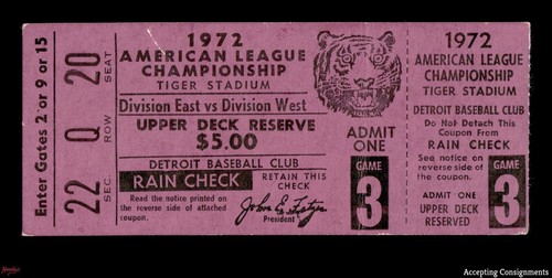 1972 October 10th Rain Check Ticket Stub Tigers vs. A's Al Kaline GOOD ...