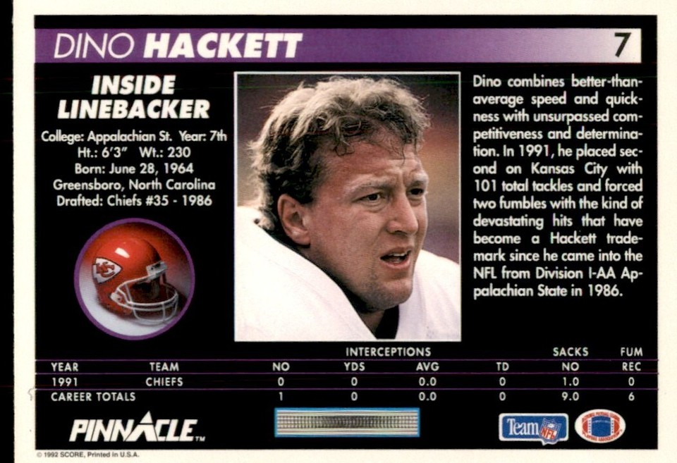 1992 Pinnacle Dino Hackett Kansas City Chiefs #7 | eBay