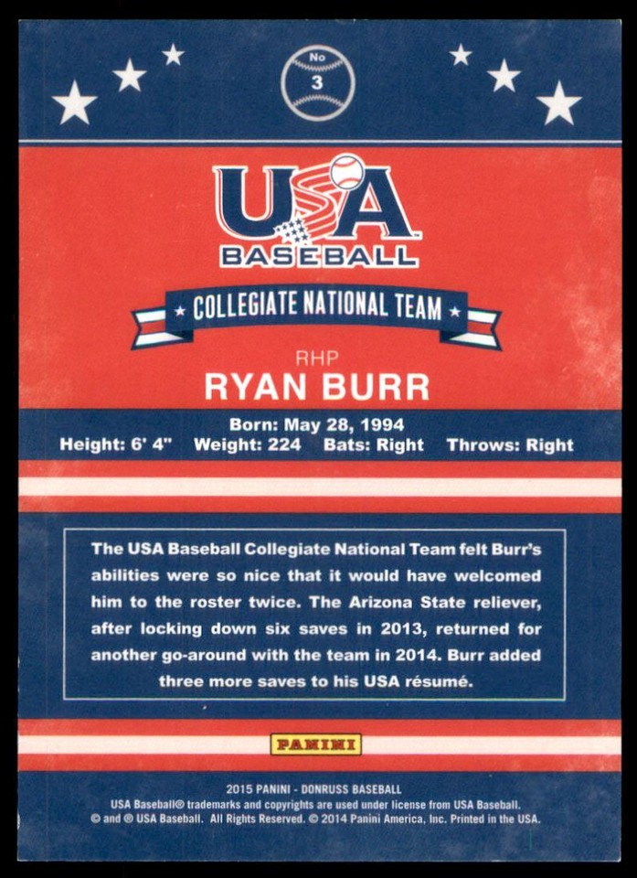 2015 Donruss USA Collegiate National Team Gold #3 Ryan Burr /49 | eBay