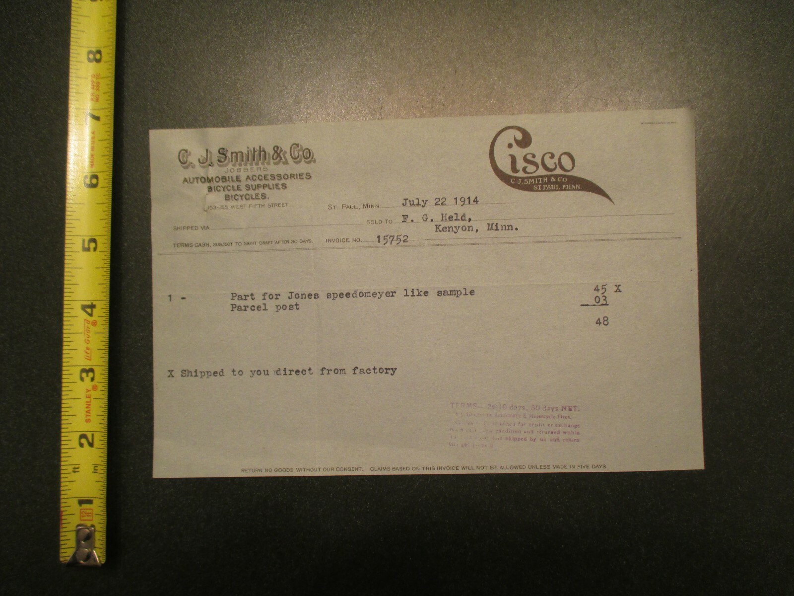 C J Smith & co Automobile Bicycles supplies 1914 Cisco Letterhead 331 ...