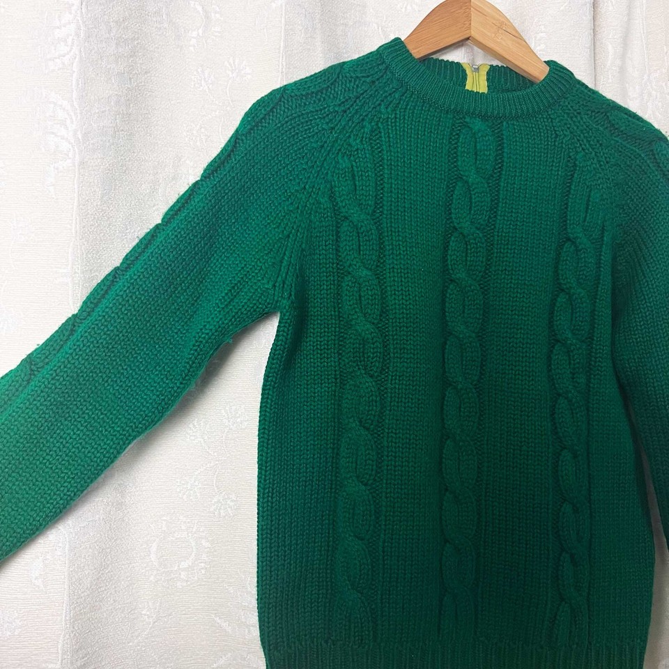 Vintage wool kelly green cable knit pullover sweater back zipper 70s ...