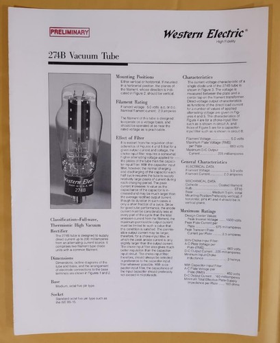 WESTERN ELECTRIC 274B Vacuum Tube BROCHURE LITERATURE SPECS !! HTF | eBay