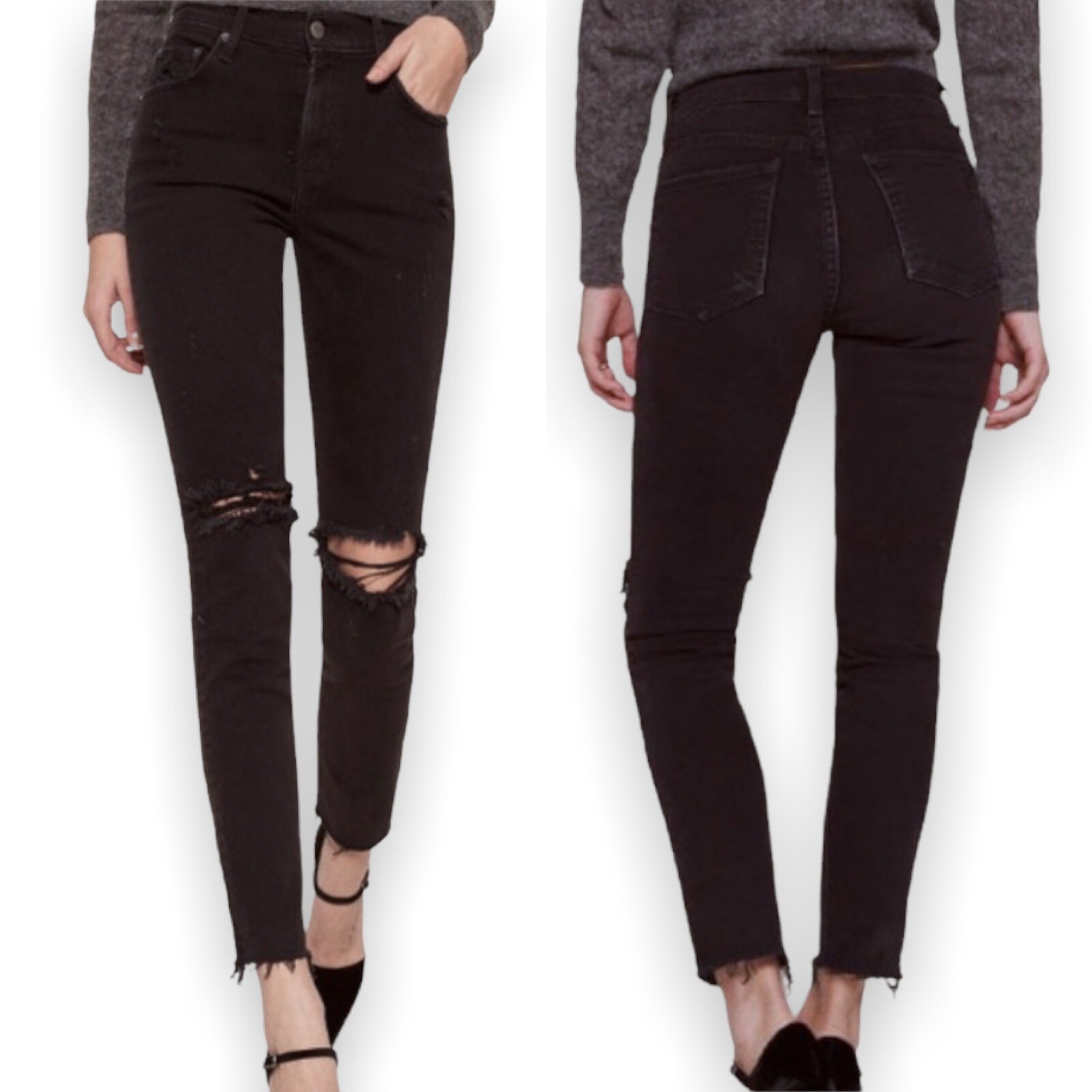Reformation Camille Jeans 23 Ripped Knees Black Distr… - Gem
