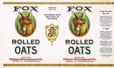 FOX Brand ROLLED OATS CAIRO SIKESTON MISSOURI 1925 Canned Food Label ...