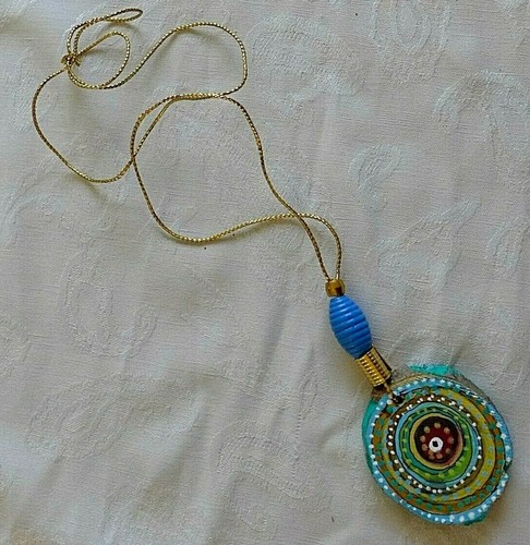 Handmade Necklace Art Wooden Painted Round Mandella with Beads Gold ...