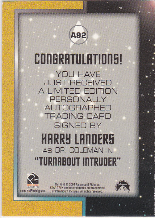 STAR TREK THE ORIGINAL SERIES QUOTABLE A92 HARRY LANDERS AS DR COLEMAN ...