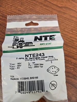 NTE Electronics NTE243 TRANSISTOR NPN SILICON DARLINGTON 80V IC=8A TO-3 CASE | eBay
