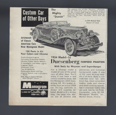 1963 Monogram Car Models 1934 SJ Duesenberg Torpedo Phaeton Print Ad 5 ...