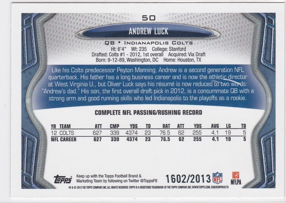 2013 Topps Gold Boarder #50 Andrew Luck /2013 Colts Free Shipping! | eBay