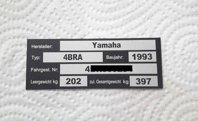 Typenschild Motorrad, Roller, Quad, Beiwagen, sonst. KFZ, Alu, 80 x 30 ...