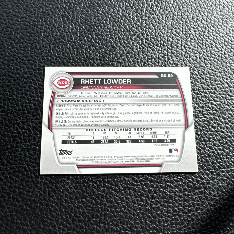 RHETT LOWDER 2023 BOWMAN DRAFT 1ST BOWMAN PAPER CARD #BD-52 | eBay