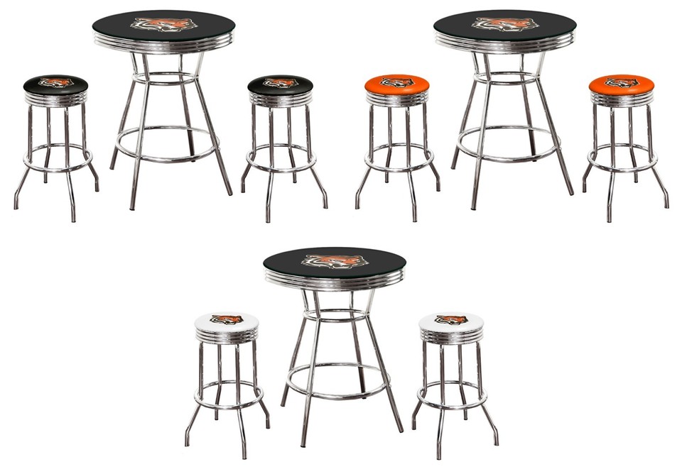NFL 3PC Black Bar Table with Glass Top Team Logo Decals on Table Swivel ...