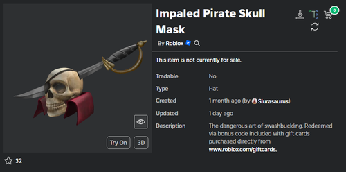 Roblox Impaled Pirate Skull Mask Bonus Code (Sent FAST in eBay Messages ...