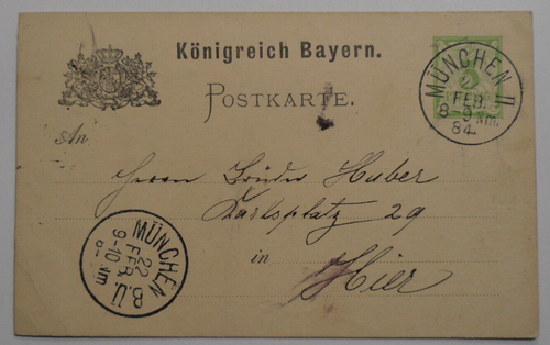 STAMPMART : GERMANY 1884 KONIGREICH BAYERN POSTKARTE 3pf LOCAL USED ...