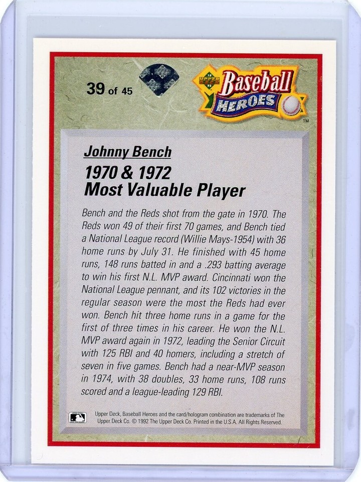 1992 UPPER DECK JOHNNY BENCH BASEBALL HEROES 1970 +1972 MVP #39 ...
