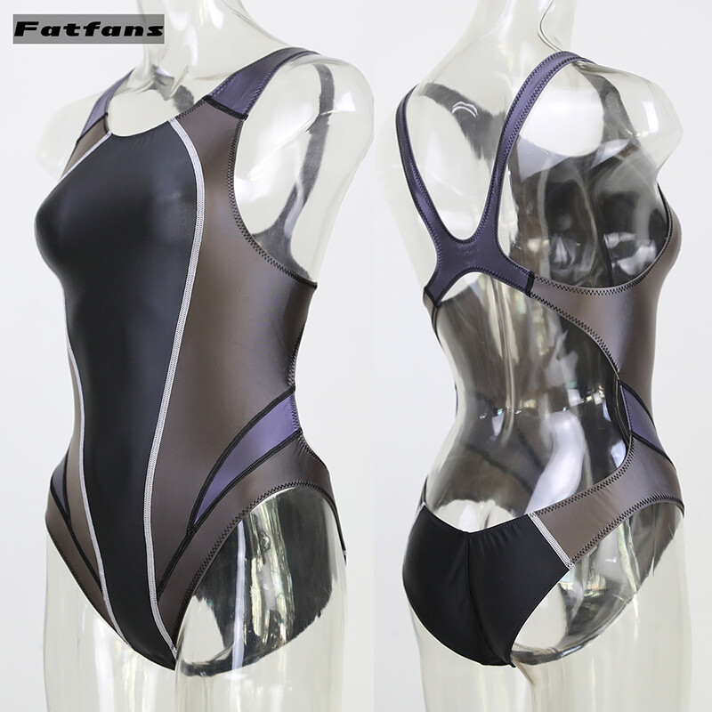 Women Sexy Oil Shiny Glossy Leotard HighCut Patchwork Swimwear Slim ...