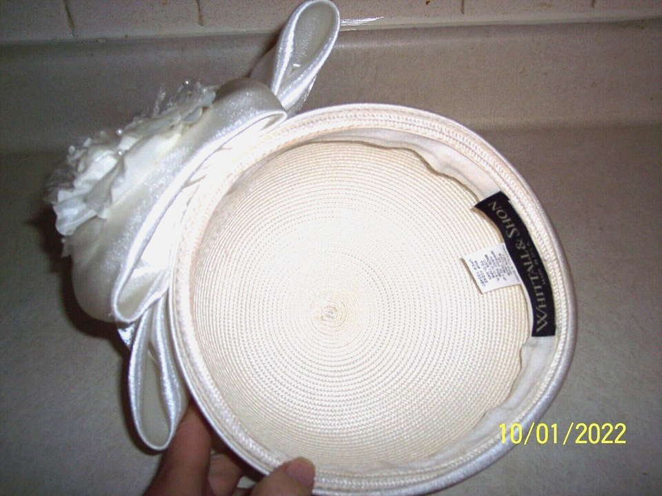 Whittall & Shon White Polyurethane Hat with Large White Bow and Rose 22 ...