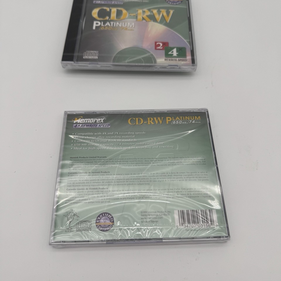 Memorex CD-RW Platinum 4x Rewritable Speed 650MB Data 74 min Audio ...