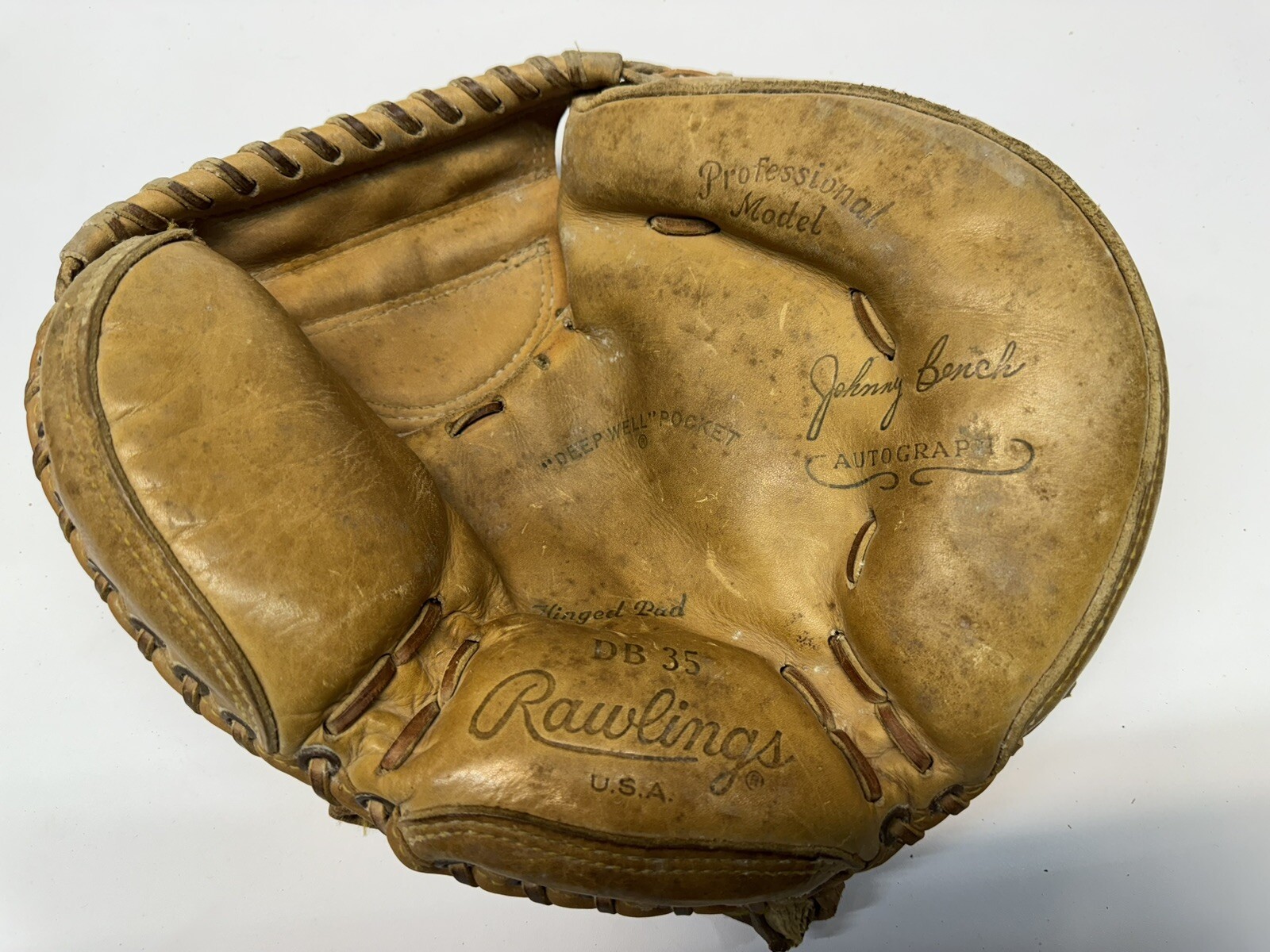 VTG Rawlings Catchers Mitt Johnny Bench DB-35 Leather Hinged Pad RHT ...