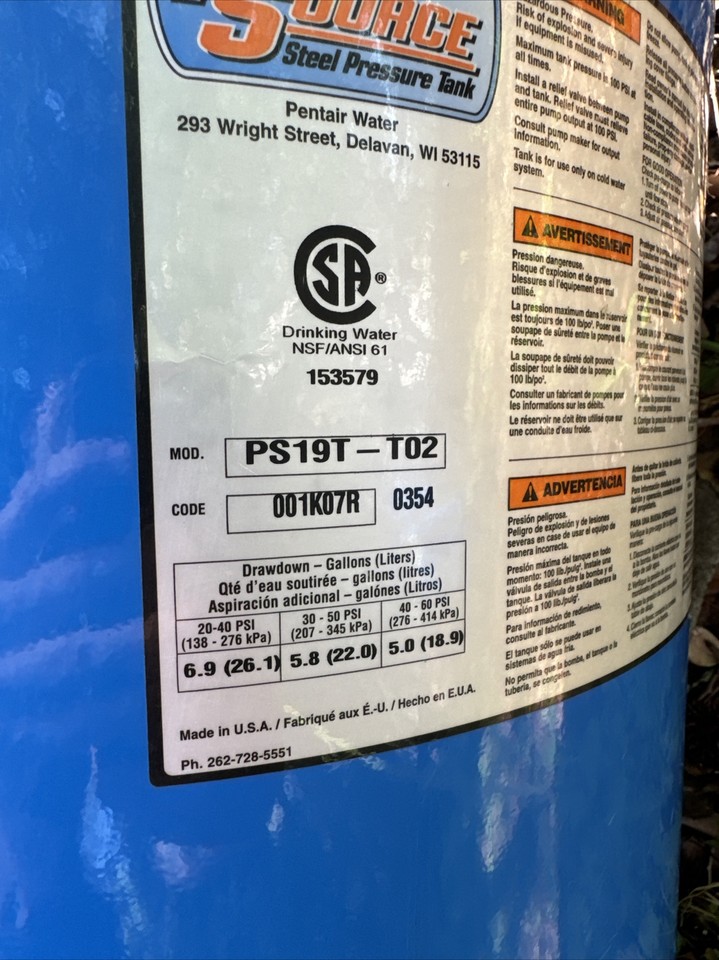 Pro-SourcePlus Premium Steel 19 gal. Pressure Tank (PS19T-T02) Used | eBay