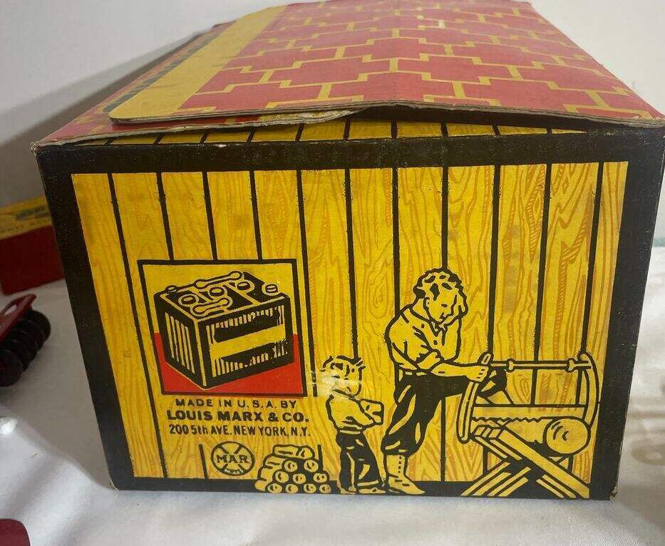 1940'S LOUIS MARX FARM TRACTOR WITH IMPLEMENTS IN RARE TRACTOR SHED BOX ...