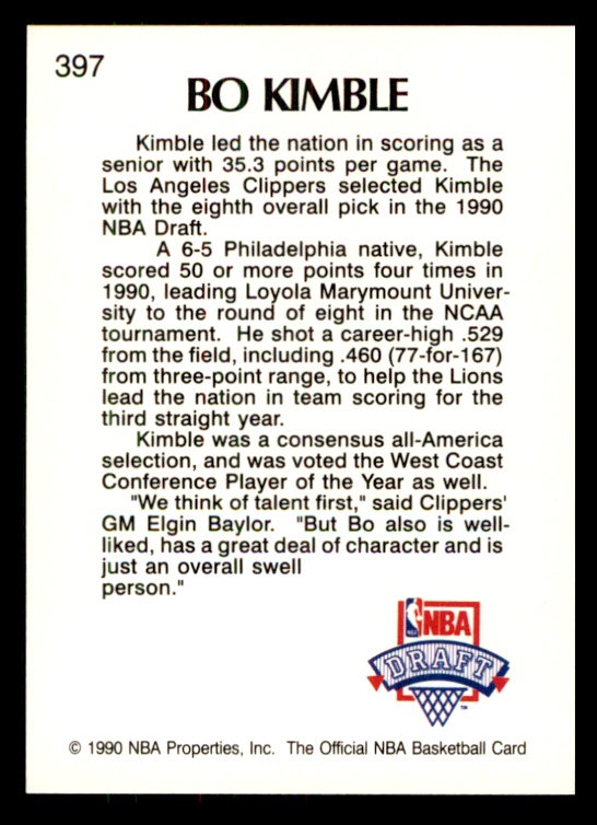 1990 Hoops Lottery Pick Bo Kimble RC #397 Los Angeles Clippers | eBay