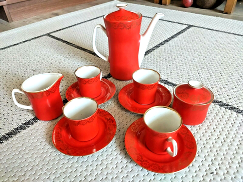 Vintage Porcelain Mocca Coffee Set Service RED-WHITE Gilt RARE Made in ...