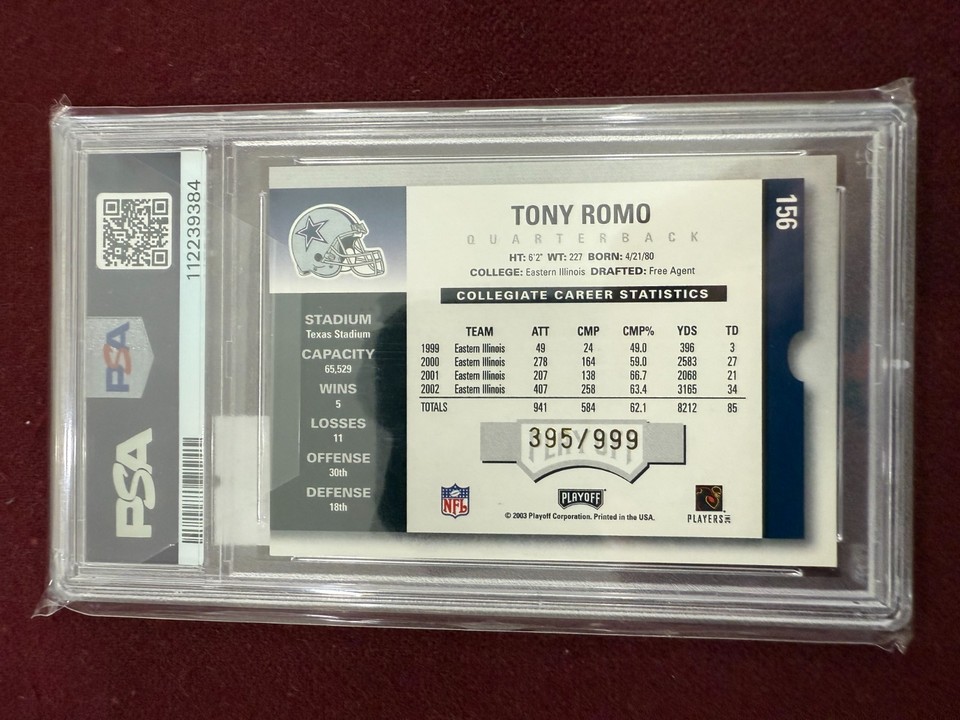 Tony Romo 2003 Contenders Season Ticket Auto Rookie Card #/999 PSA 10 ...